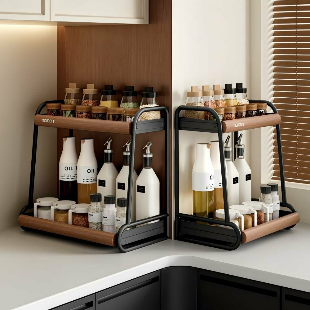 Двухъярусная подставка для банок с пряностями, сделана из металла + дерева, черная,50x24x43cm