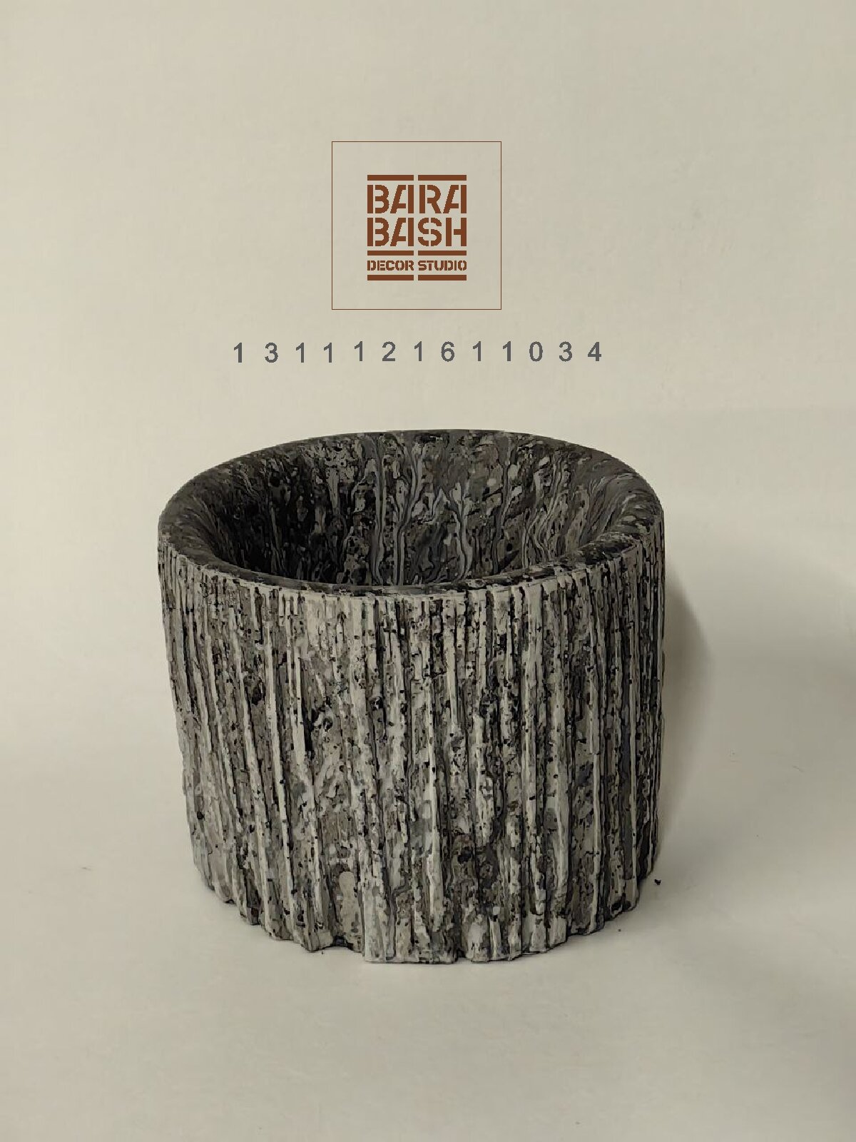 Кашпо декоративное BARABASH, бетон, Фактура "Дерево", серое, 16,5х13см