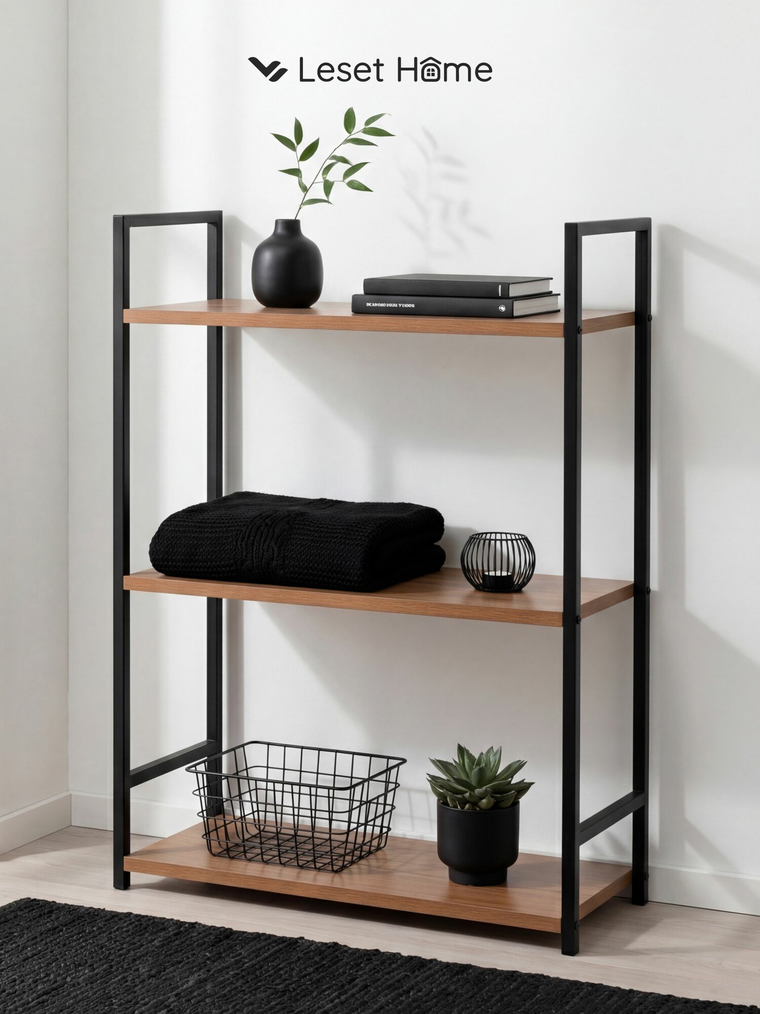 Стеллаж для книг Leset "Стилвуд 23", металл/ЛДСП, открытый, чёрный/орех лион, 59x79x23,5 см