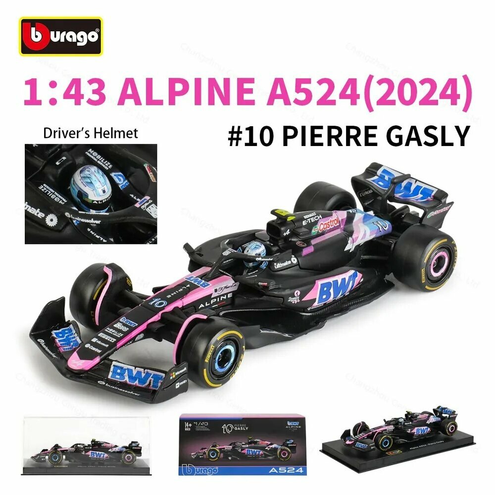 Акриловая прозрачная коробка Bburago 1:43 2024 BWT Alpine A524 Бахрейн Формульный болид Формулы-1, Литые под давлением автомобили, коллекционная модель гоночных игрушек