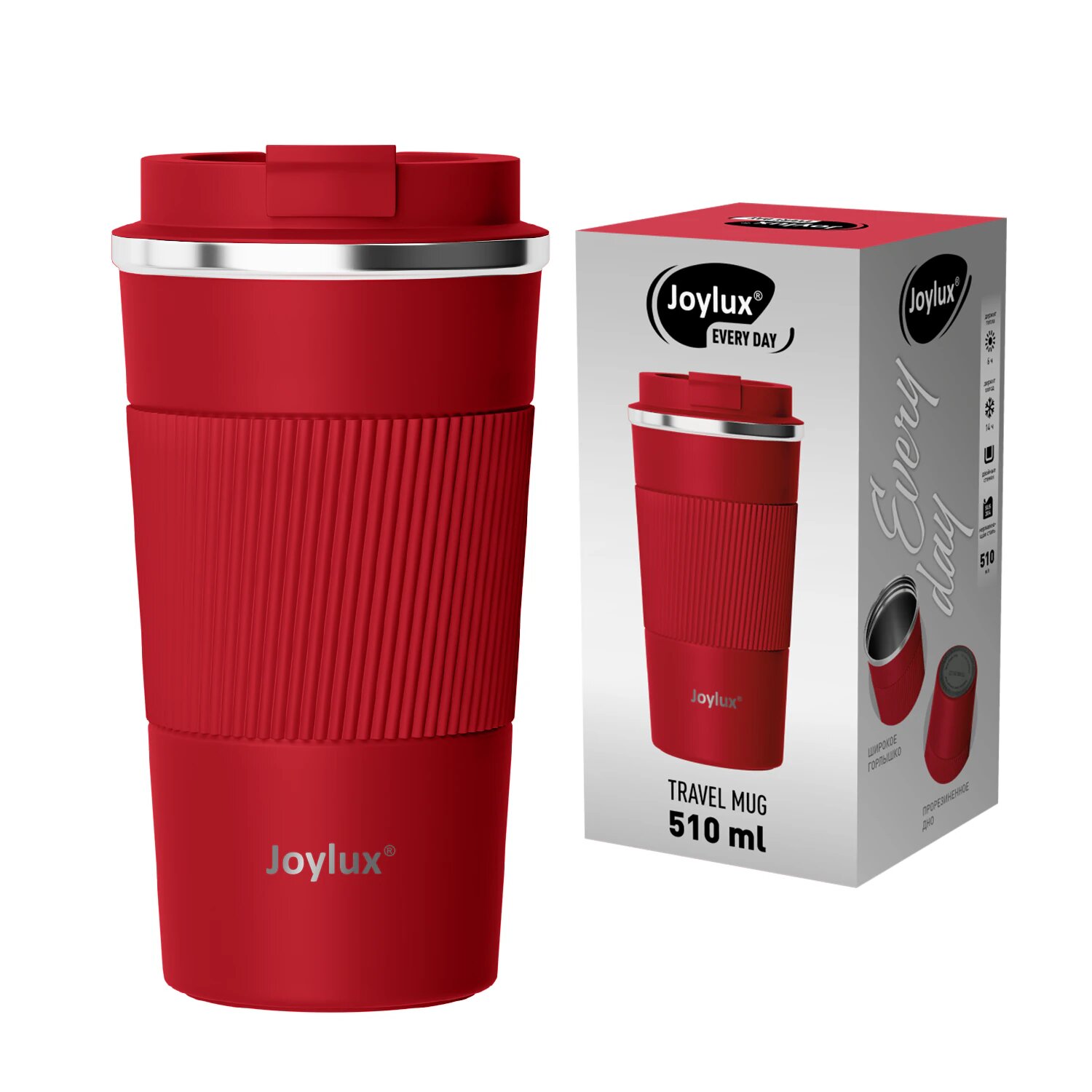 Термокружка 510 мл JOYLUX (джойлюкс) EVERY DAY, нержавеющая сталь SUS304, силиконовый рукав, красный матовый, 700294