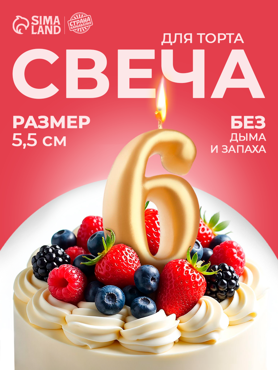 Свеча для торта Страна Карнавалия «Цифра 6», размер 5.5 см, золотая