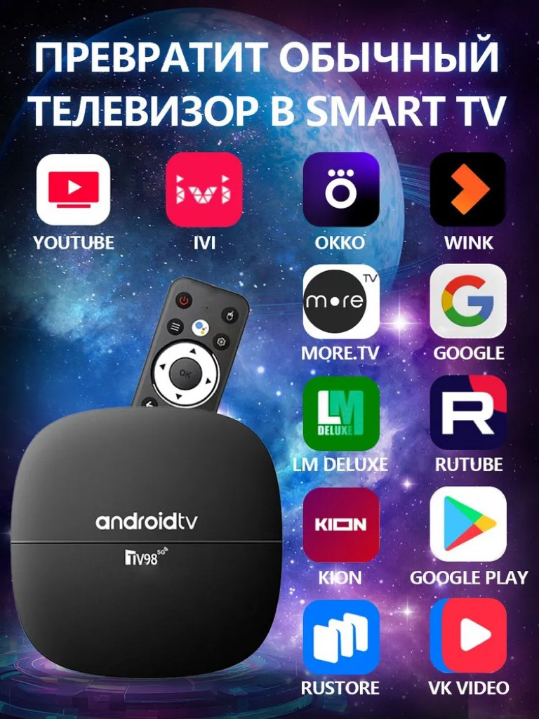 Медиаплеер Смарт ТВ приставка Android, 4 ГБ/32ГБ, Bluetooth, Wi-Fi, черный матовый