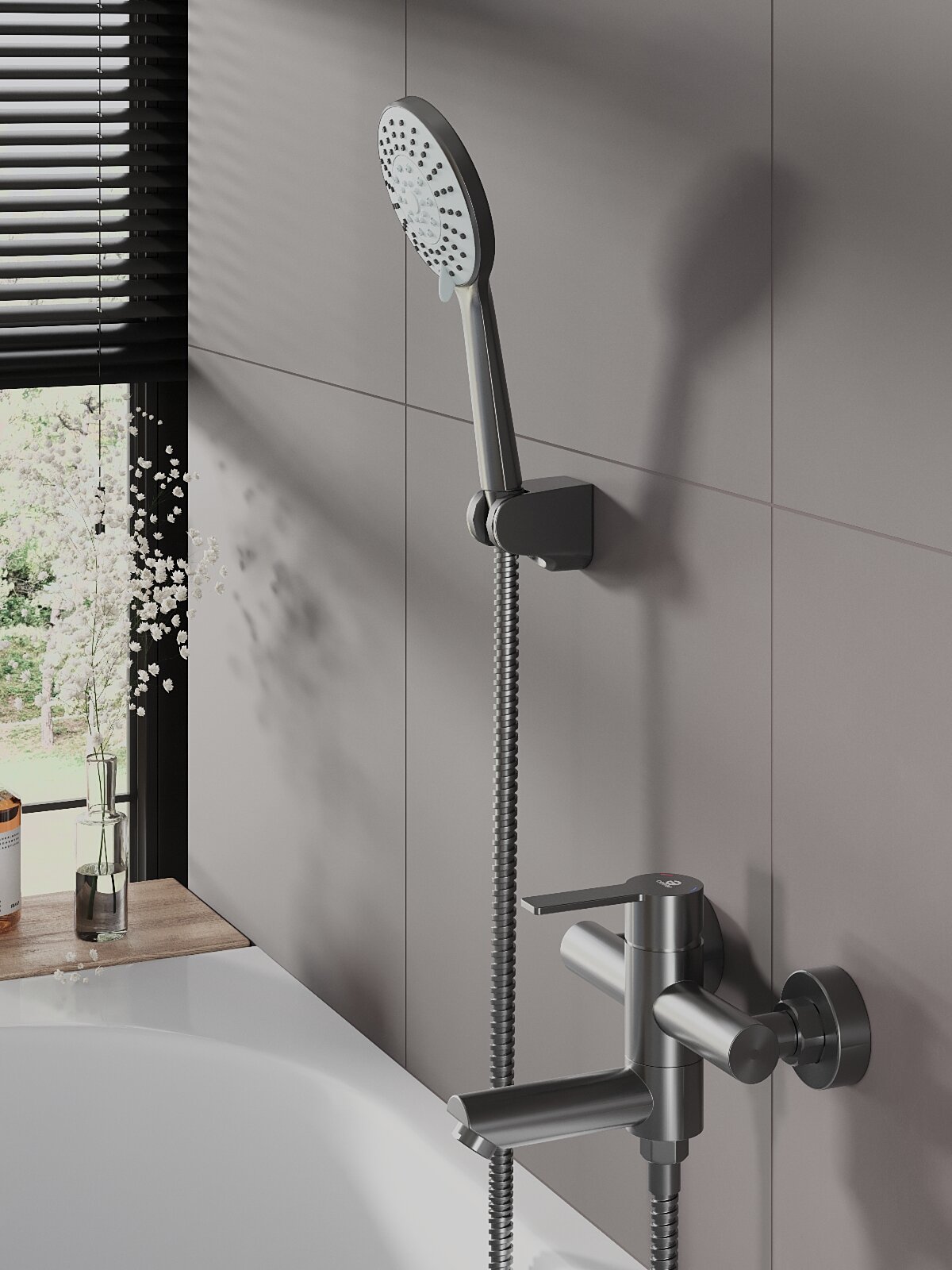 Смеситель для ванны однорычажный с душевым набором Agger Easy A3121255, оружейная сталь матовая