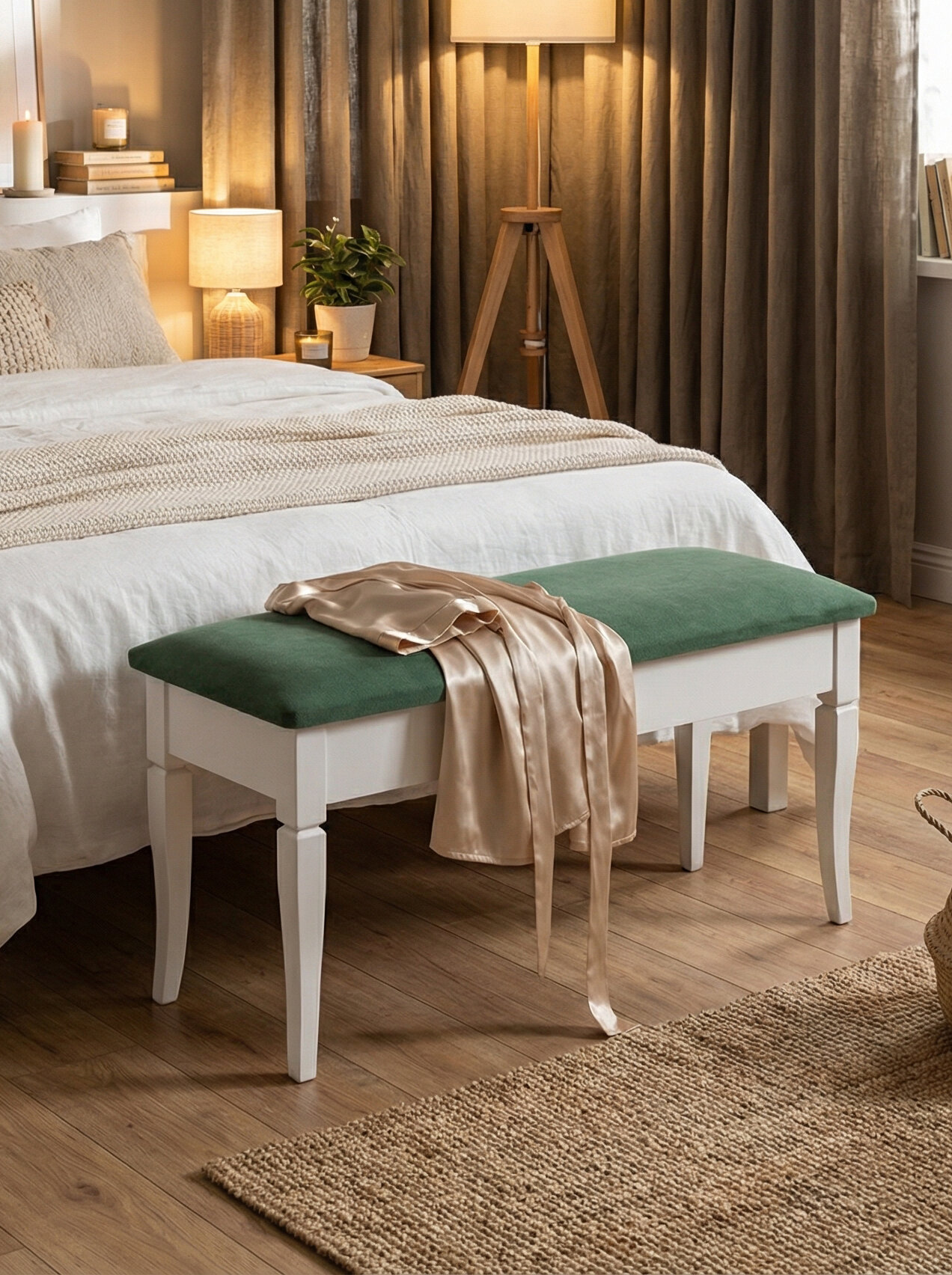 Пуфик банкетка в прихожую Мебелик с сиденьем Вивальди М с ящиком белый, ткань зеленый