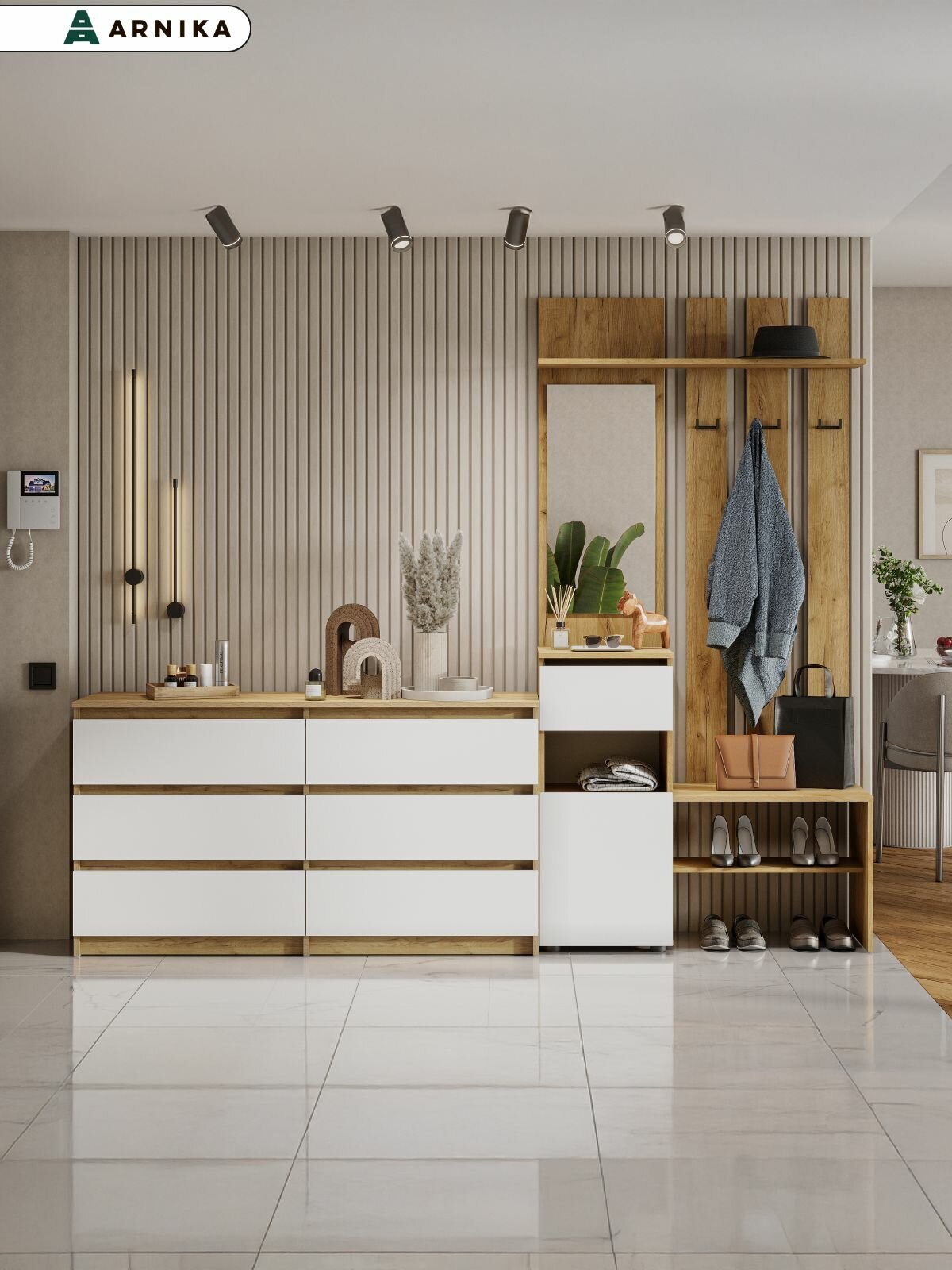 ARNIKA Прихожая ARNIKA , вешалка с зеркалом 2,38м, Дуб золотой; Белый