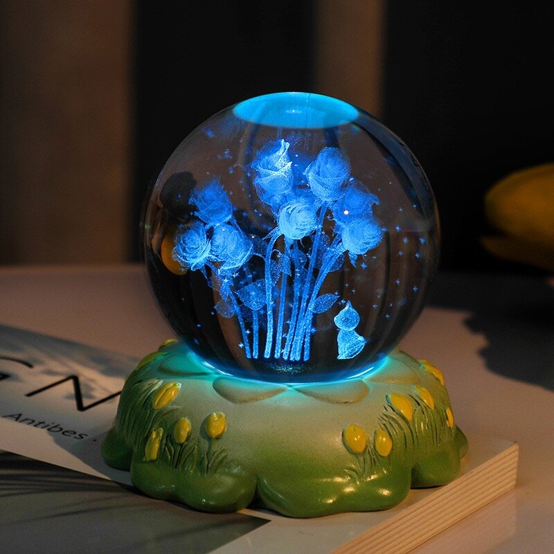 3D резная роза в букете, светящийся кристальный шар, ночник, декоративная фигурка с цветной подсветкой, 8 см