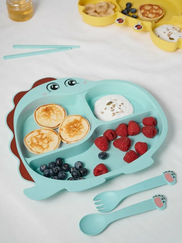 Набор детской посуды для прикорма Динозаврик, 4 предмета: секционная тарелка ложка вилка палочки