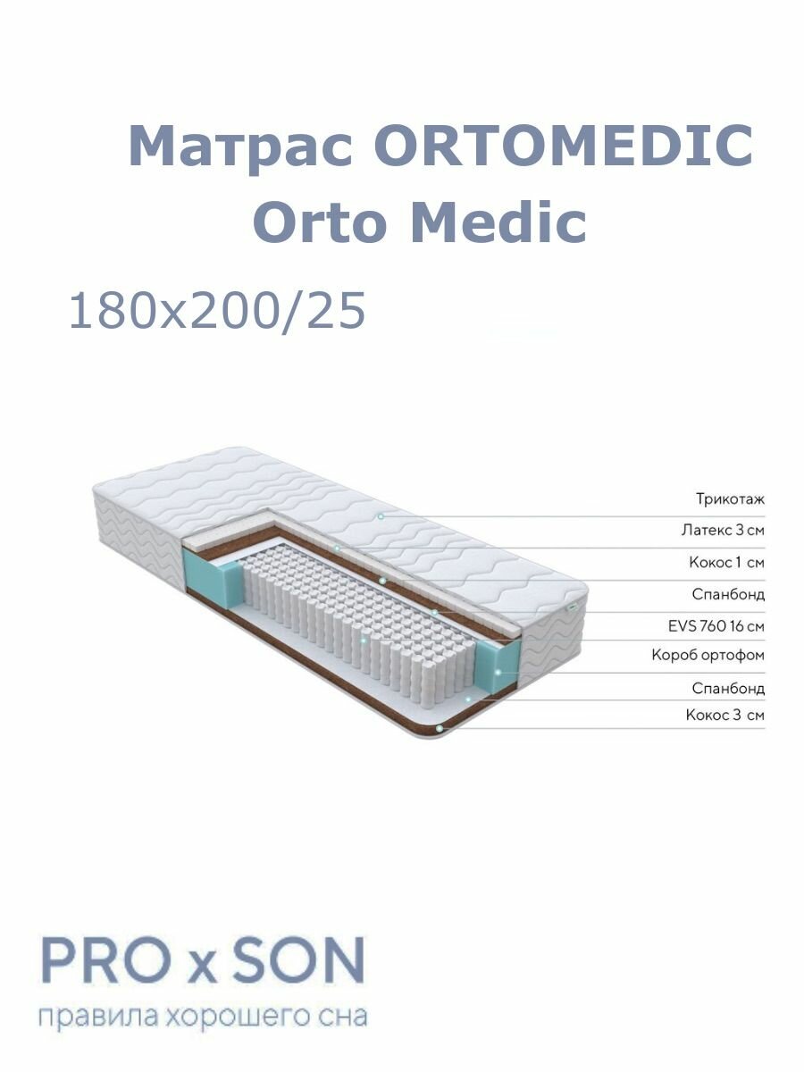 Матрас Ортопедический PROSON ORTOMEDIC ORTO MEDIC 180х200 см разной жесткости, Анатомический Независимые пружины