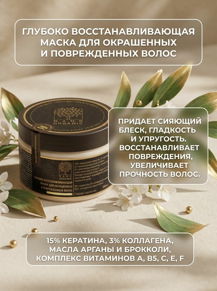 Глубоко восстанавливающая маска для окрашенных и поврежденных волос с кератином и коллагеном, 300 мл