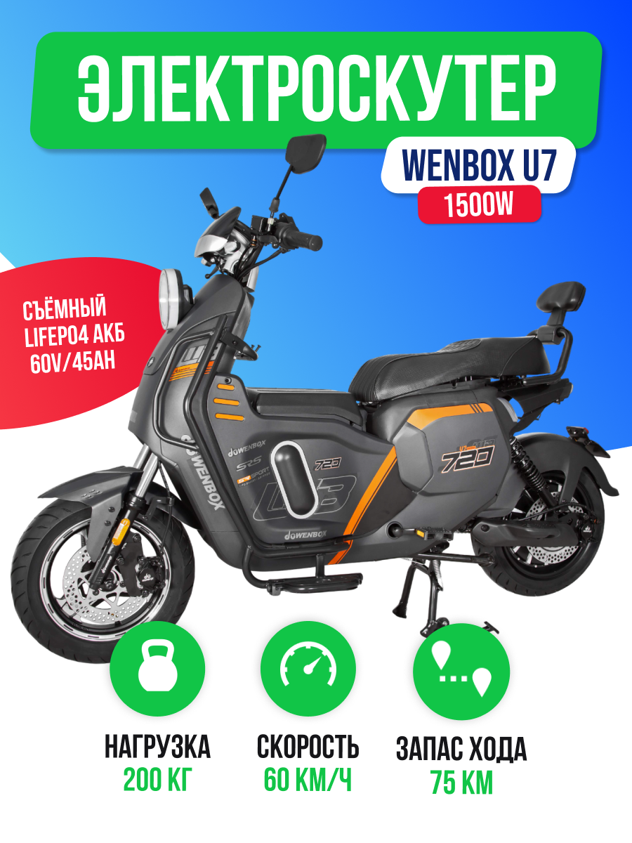 Электроскутер WENBOX U7 1500W ( 60V/45Ah ) - Серый, с боксом