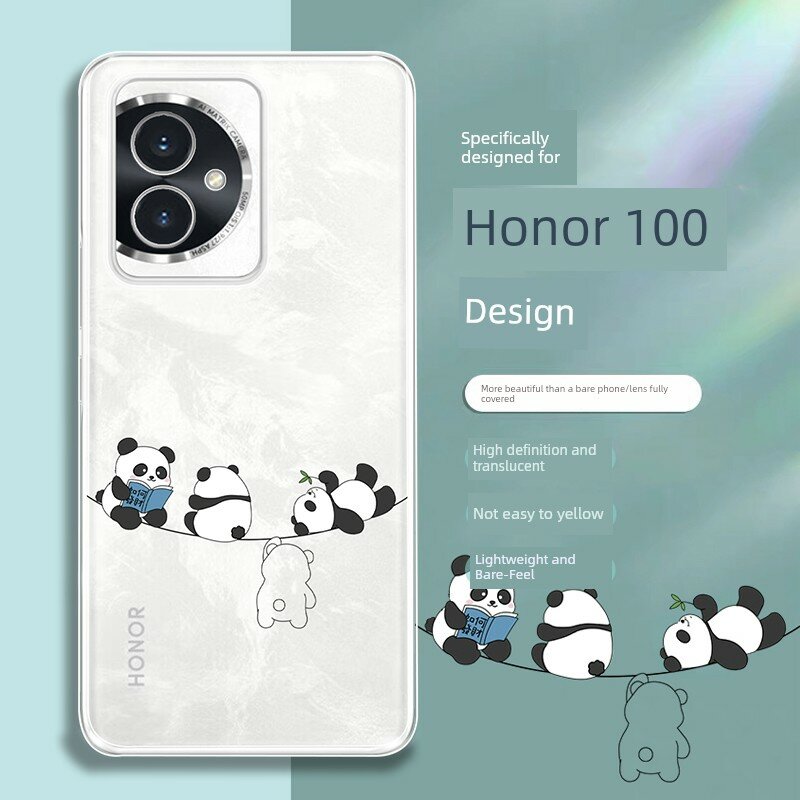 Прозрачный серебристый чехол для Honor 100 Pro с рисунком лазающей панды, полная защита, включает защитную пленку