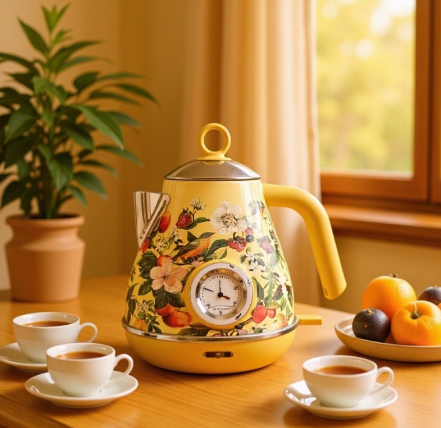 PS3013T1, Роскошный электрический чайник с ручной росписью и ретро-дисплеем термометра, Нержавеющая сталь SUS304 мощностью 1850 Вт, Емкость 2,0 л, Не содержит бисфенола А, Автоматическое отключение и защита от сухого кипения, Конструкция носика
