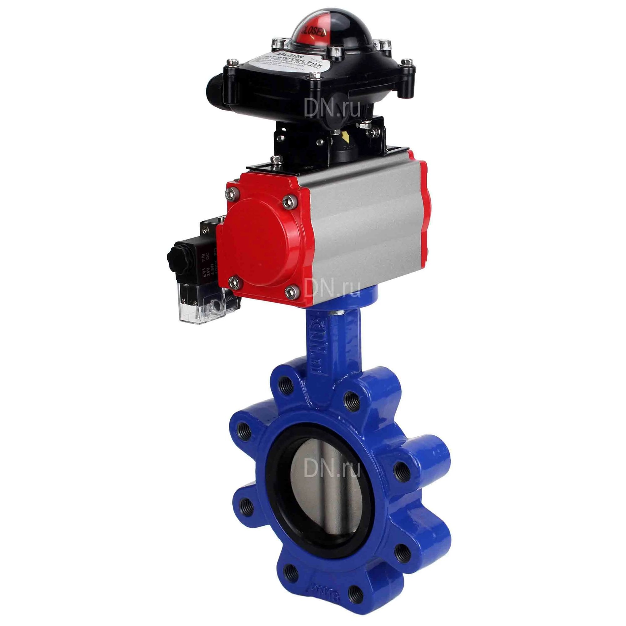 Затвор дисковый поворотный DN. ru QT450-304-NBR-2W-Fb-H Ду150 Ру16 чугун QT450, диск нерж. сталь 304, уплотн. NBR, межфланц, с пн. прив. DA-105, пн. распред. PND2-S1EM-52-1NC-J08-24VDC и БКВ LSB-210-02NM12-220/24