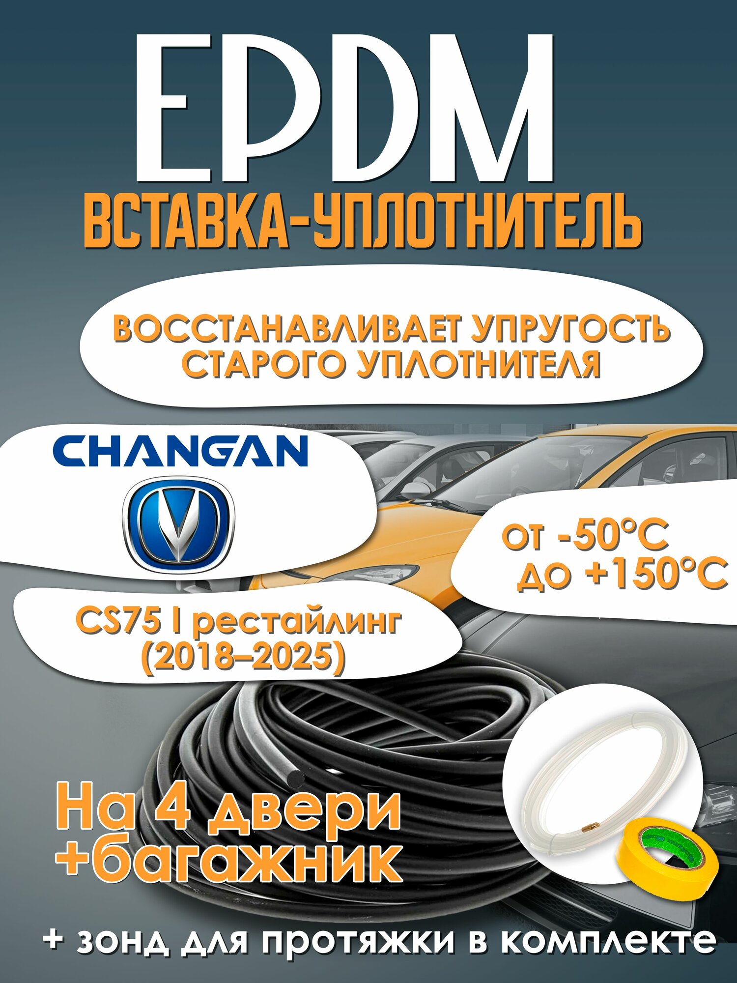 EPDM вставка-уплотнитель для дверей автомобиля Changan CS75 I рестайлинг (2018-2025) / Чанган ЦС75 1 поколение рестайлинг