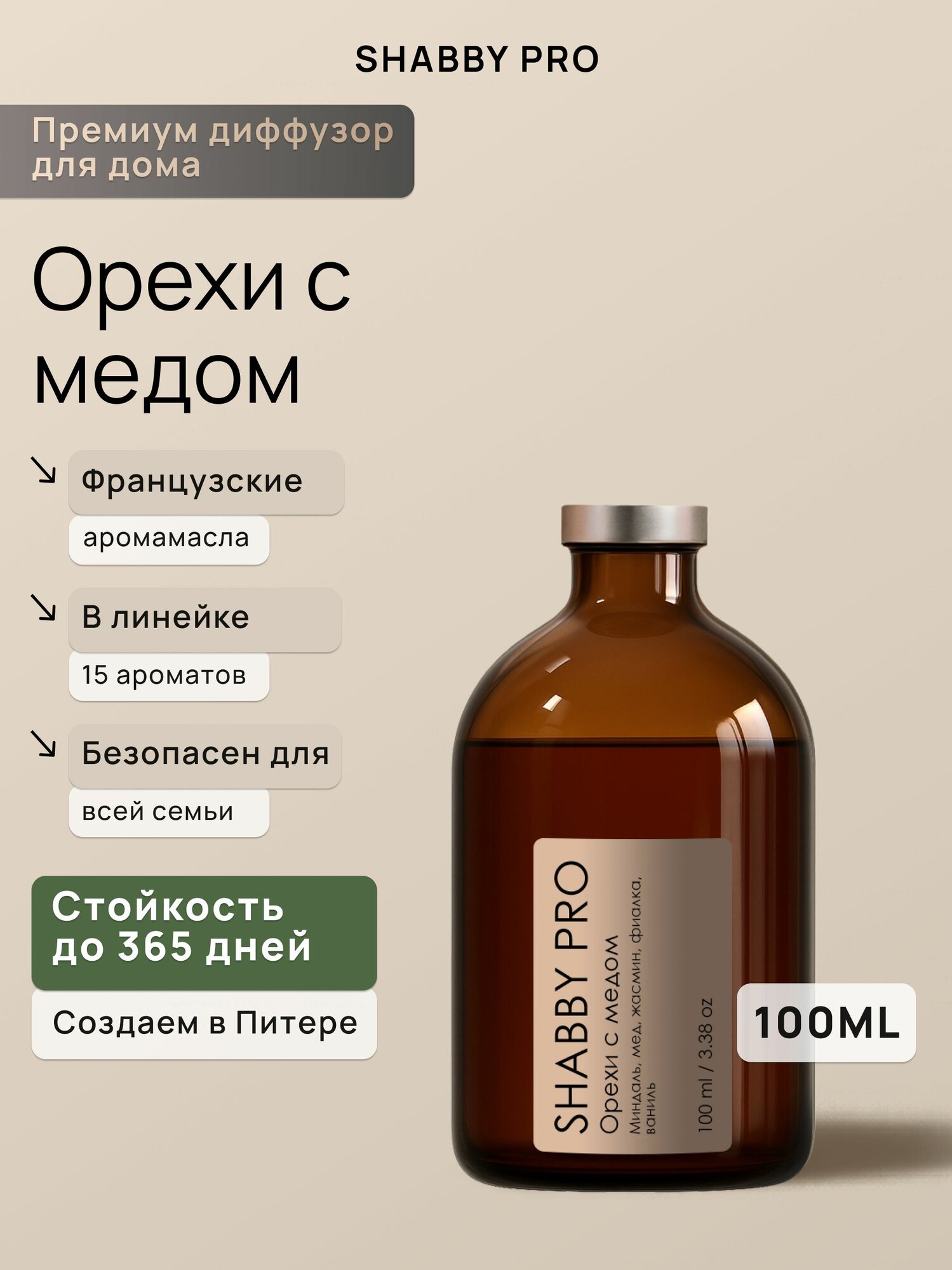 Ароматический диффузор для дома SHABBY PRO Орехи с мёдом - тёплый сладкий аромат с медом, миндалём и ванилью, подарок женщине, 100 м