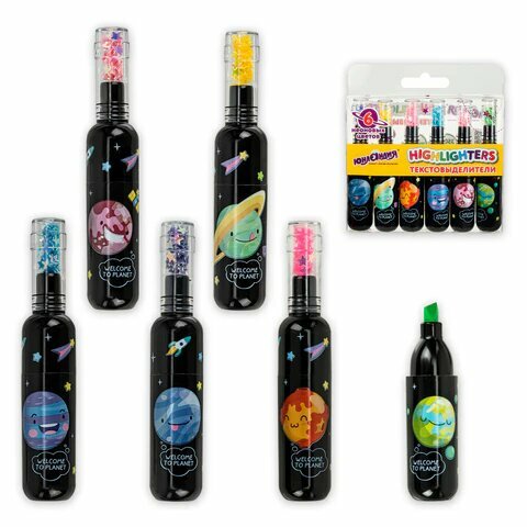 Набор текстовыделителей 6 неоновых цветов, юнландия "космос", линия 1-5 мм, 152512