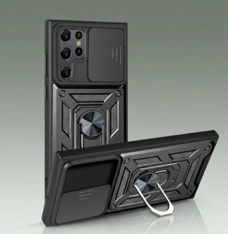 Чехол-бампер-пенал для Samsung Galaxy S23 Ultra с закрывающейся камерой, противоударный, черный