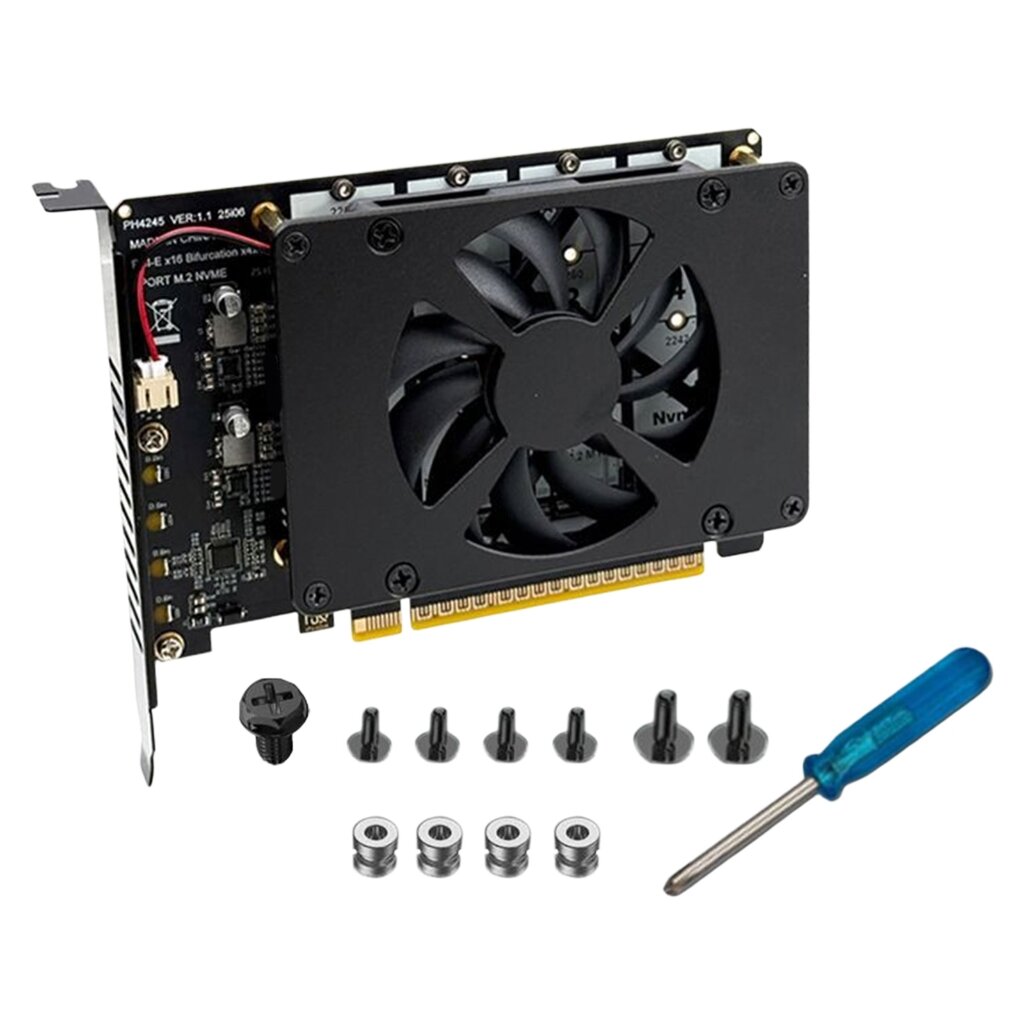 Четырехсекционный адаптер расширения PCIe X16 NVMe M.2, поддерживающий высокую скорость передачи данных 4x128 Гбит/с, с охлаждающим вентилятором