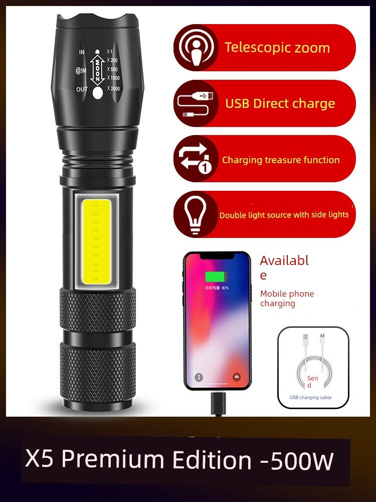 X5 мини-фонарик на светодиодах 500 Вт с регулируемым фокусом, USB-быстрой зарядкой, боковым светом и аккумулятором
