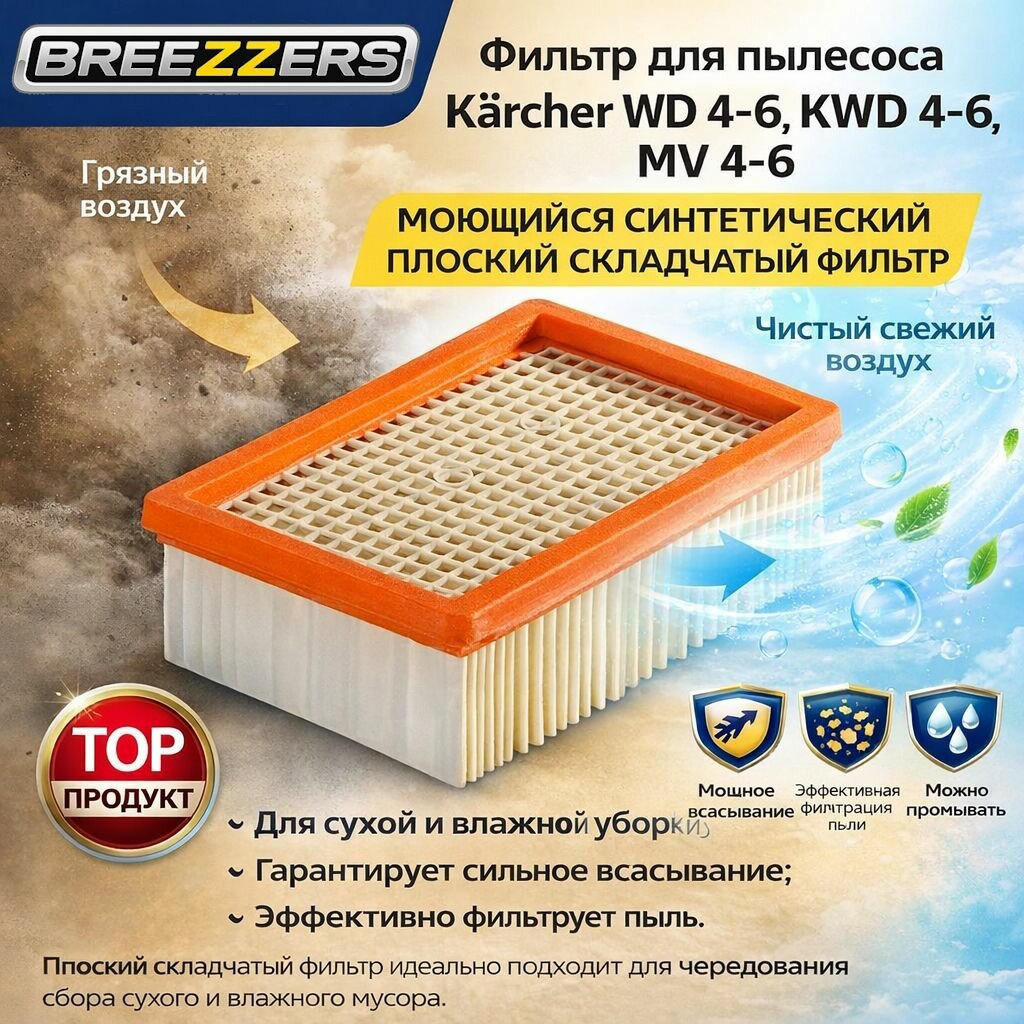 Плоский складчатый фильтр бумажный для пылесоса Karcher WD 4-6, KWD 4-6 и MV 4-6 WD4-PPR