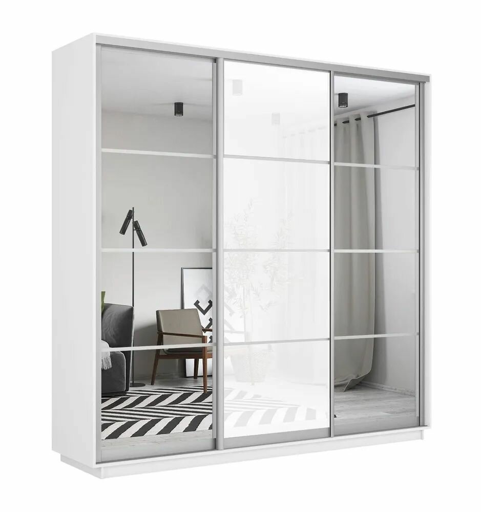 Шкаф-купе Флорида 3дв. (2 Зеркала/Стекло белое) профиль серебро, 180х60х220 см. Белый снег