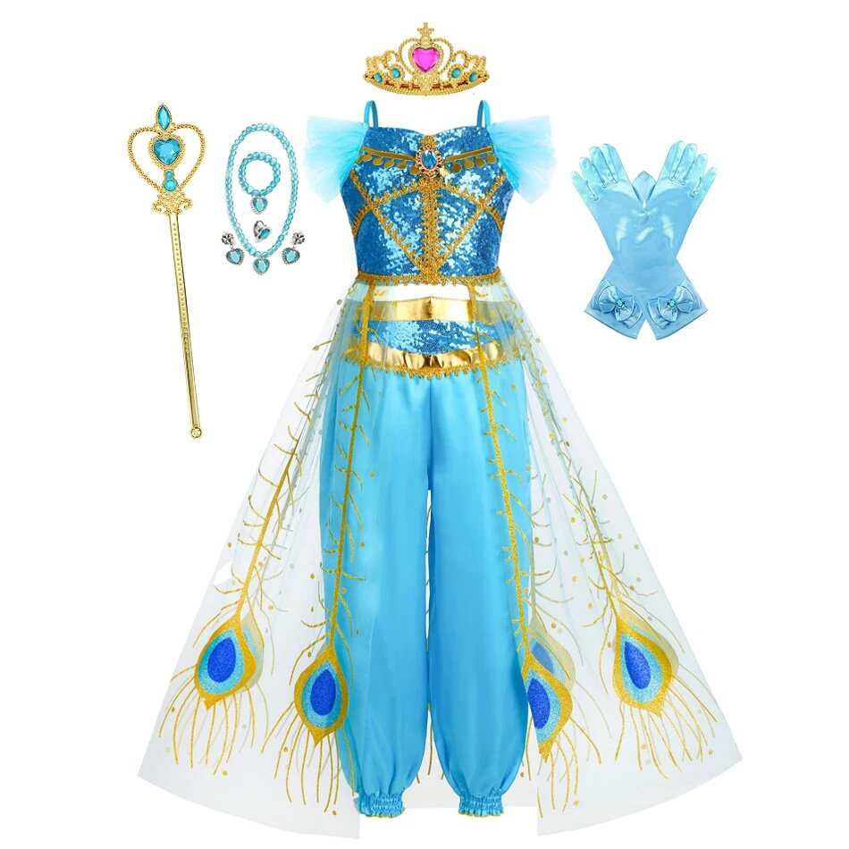 Костюм Жасмин для девочек, платье Аладдина, вечеринка по случаю дня рождения, косплей, фантазийная карнавальная одежда принцессы