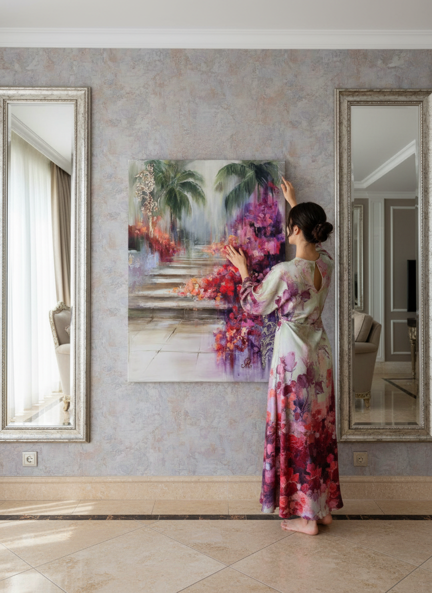 Интерьерная картина Тропический Портал в Рай • Яркая картина на холсте с бугенвиллеями и пальмами 50×70, автор Оли Ма .