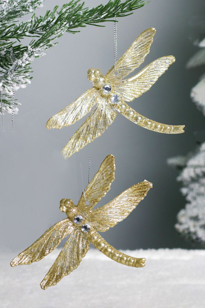 Набор ёлочных украшений-подвесок изящные стрекозы, акрил, золотые, 10 см, 2 шт, Koopman International CAA221800