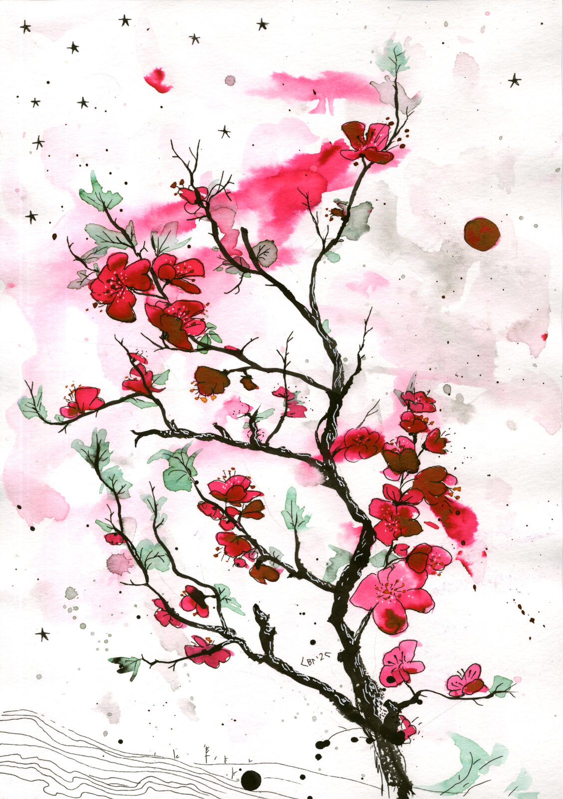 Картина авторская "Аромат сакуры под луной", ручная работа, чернила, бумага, 21х30 см