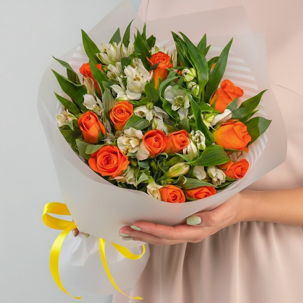 Дуо-букет Мегацвет24 "Альстромерии и розы Вау", размер S, белый/оранжевый, дизайнерская упаковка