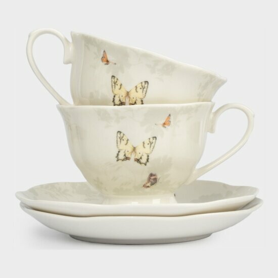 Чайная пара Anna Lafarg Butterfly garden 2 перс, 4 пр, 210 мл, фарфор, бежевая, Бабочки (ANLAF-SHMEI-270525-8)