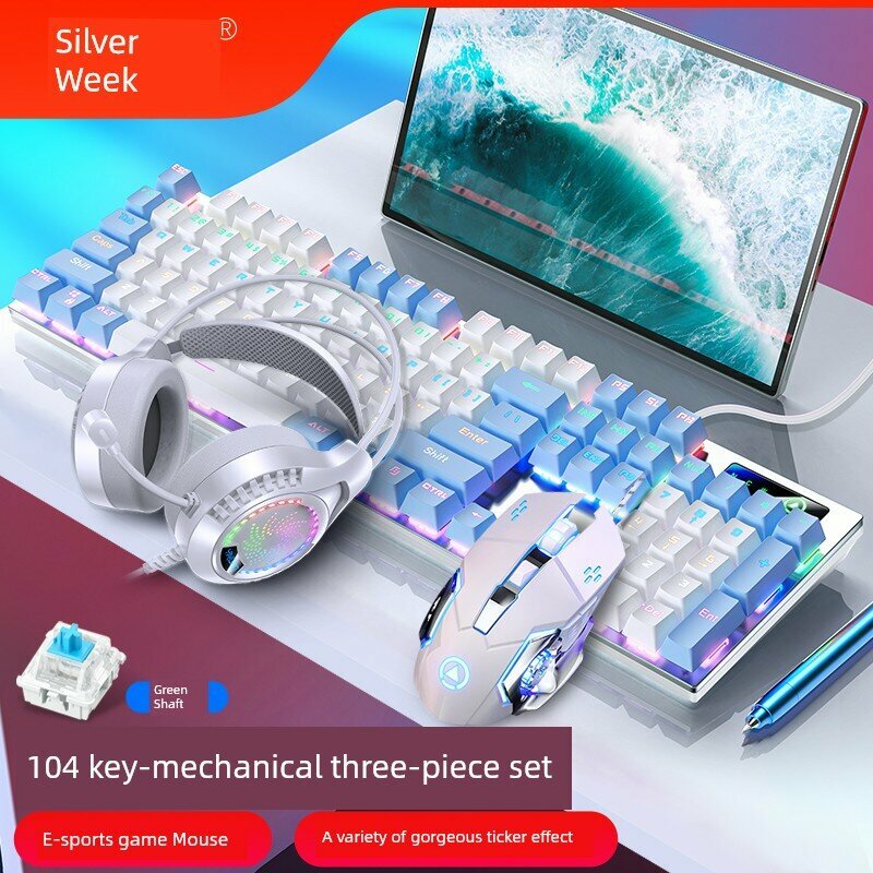 Белая и синяя механическая клавиатура с переключателем Cherry MX Blue, комплект клавиатура, мышь и наушники для