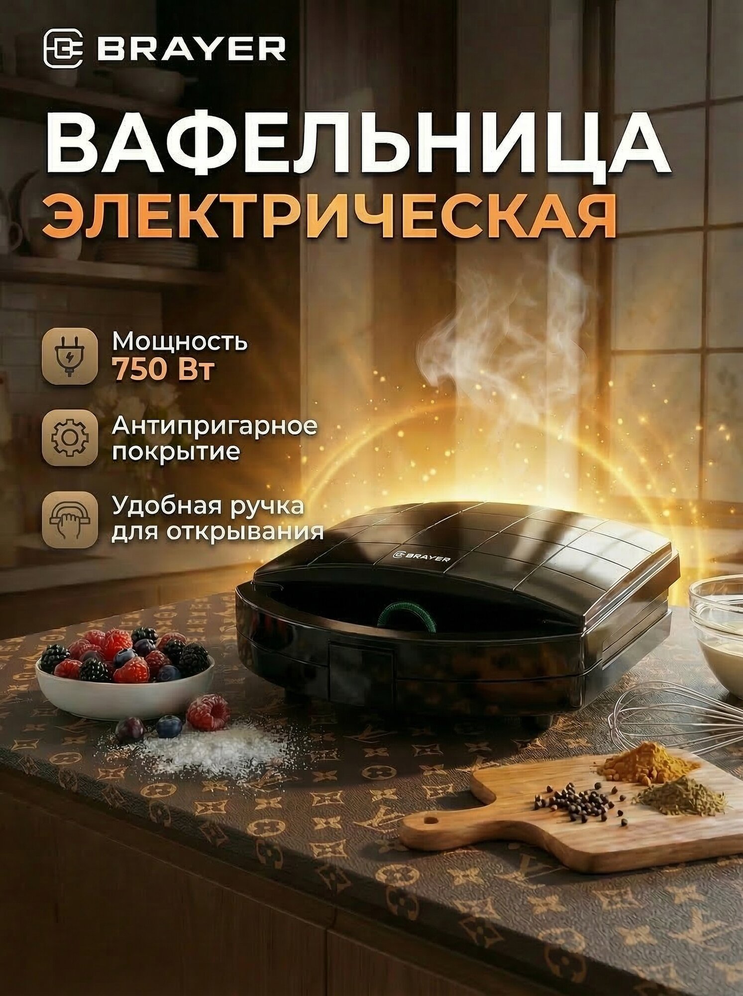 Вафельница BRAYER BR2307, для бельгийских и венских вафлей, антипригарное покрытие