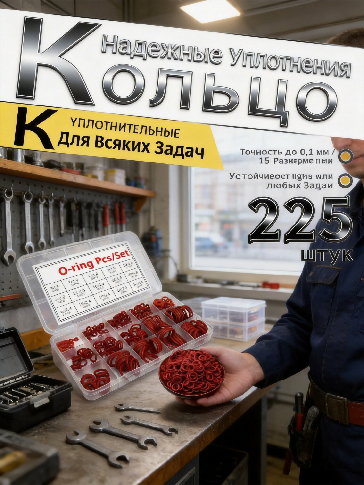 Уплотнительное кольцо резиновое, набор 225 шт 15 размеров красное, маслостойкое и бензо- и термостойкое для трубопроводов, автомобилей и гидравлических систем