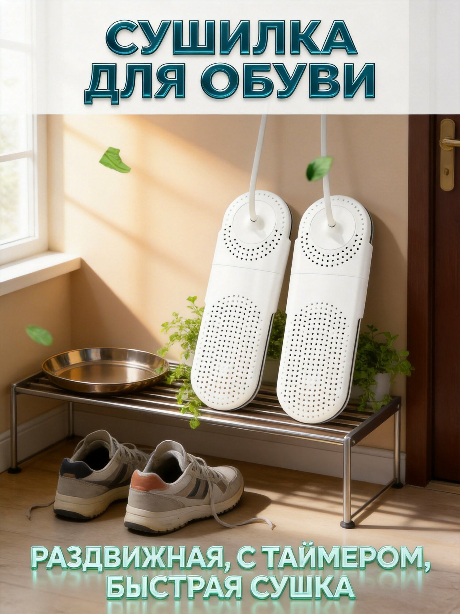 Сушилка для обуви электрическая, раздвижная для ботинок, кроссовок и туфель с таймером 4-8-12 часов, двумя нагревательными элементами и фиолетовой подсветкой