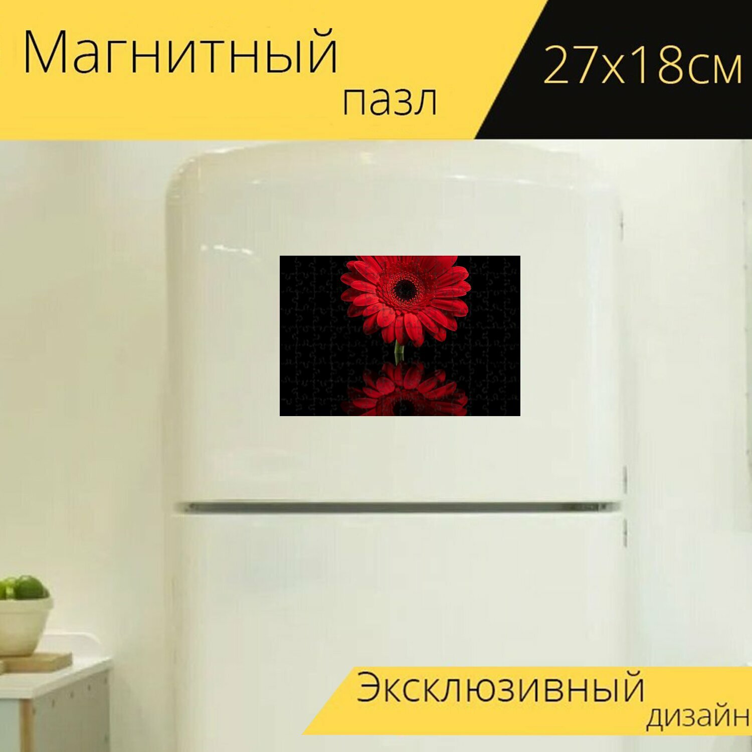 Магнитный пазл "Красная гербера на черном фоне. Яркий алый цветок крупным планом с зеркальным отражением на темной поверхности. Минимализм, макросъемка." на холодильник 27 x 18 см.