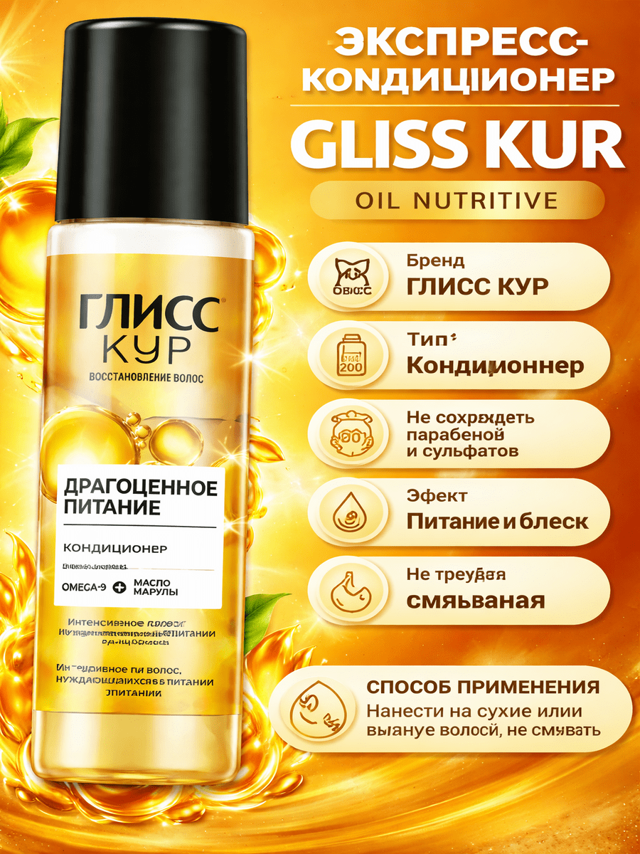 Экспресс-кондиционер для волос Глисс Кур Oil Nutritive питание и здоровый блеск для секущихся волос, 200мл