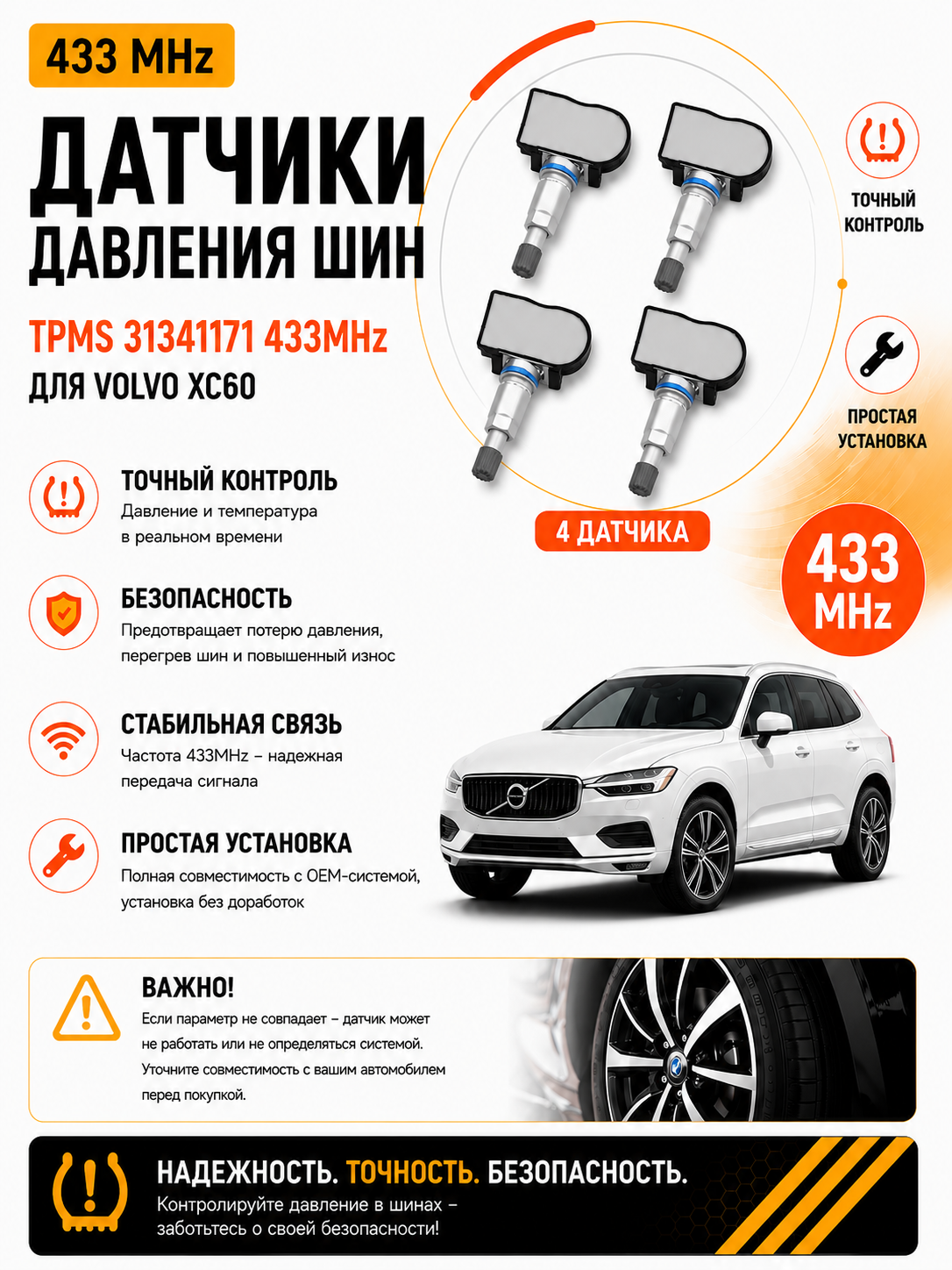 Комплект датчиков давления шин 4 шт TPMS 31341171 433MHz для Volvo XC60