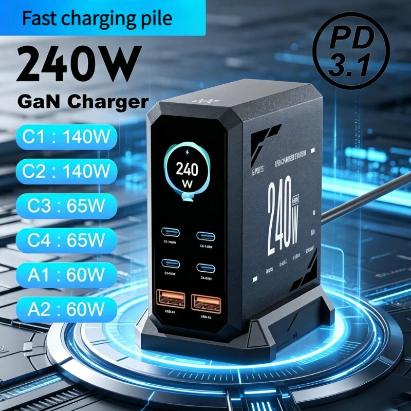 Зарядная станция GaN 240W 6-в-1 с быстрой зарядкой 140W PD3.1 USB Type-C PD QC3.0 PPS для EU