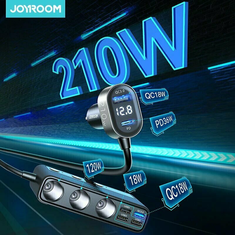 Joyroom 9 в 1 210 Вт Автомобильное зарядное устройство Адаптер PD 3 Разъем Прикуриватель Разветвитель заряда Независимые переключатели Розетки для сигарет постоянного тока