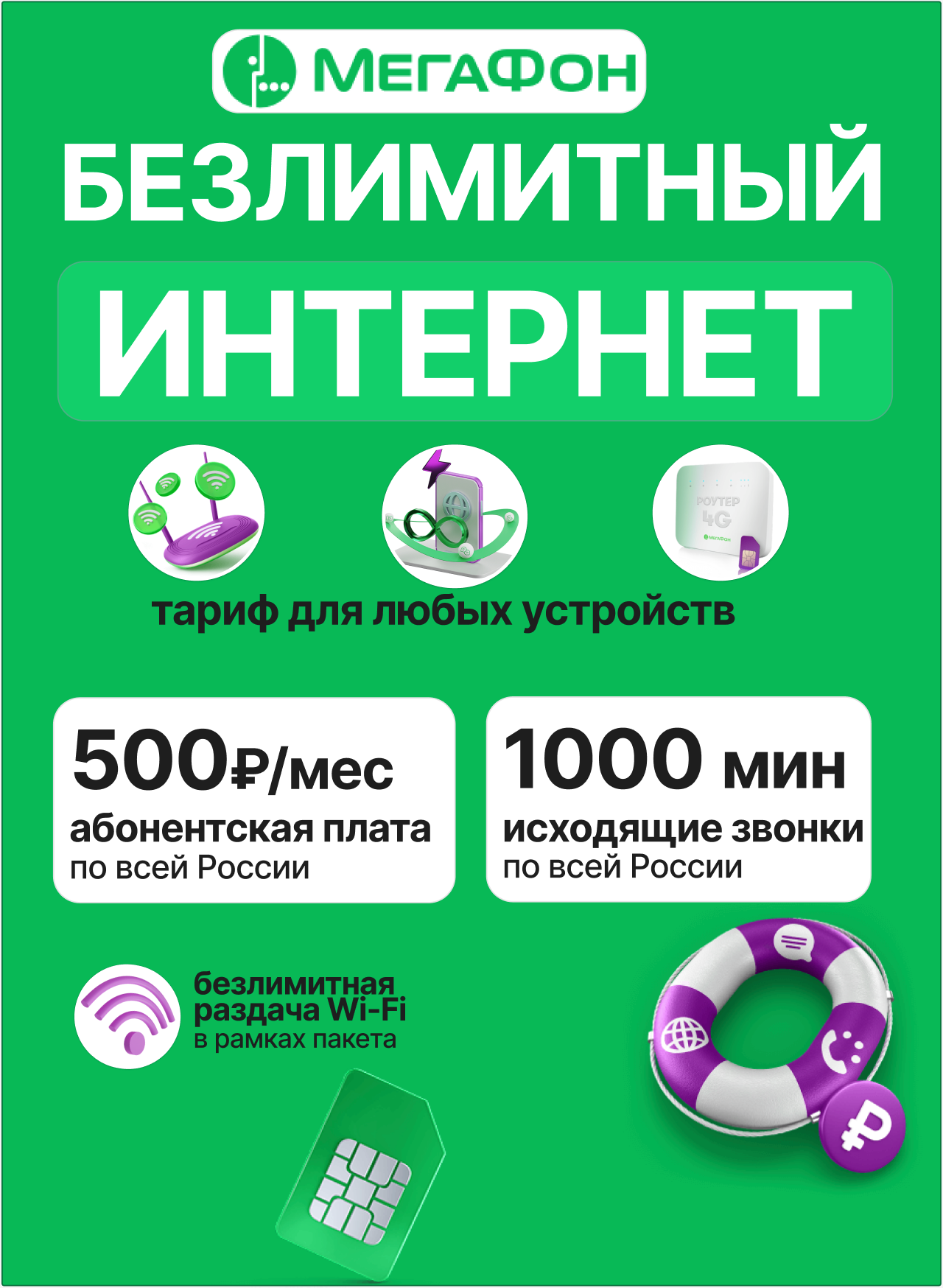 SIM-карта Мегафон тариф безлимитный интернет за 500 руб./мес.