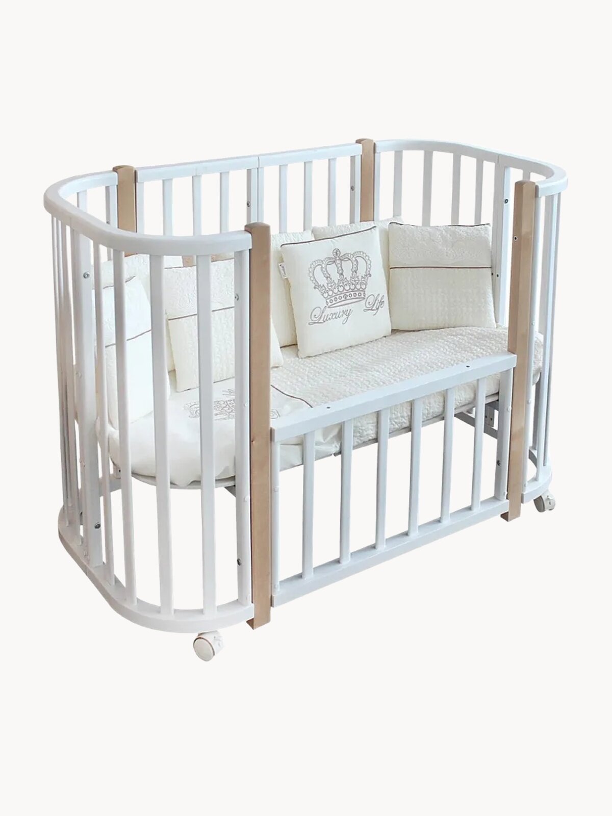 Детская кроватка трансформер для новорожденного 5в1 Santorini, овальная 120*60, белый бук