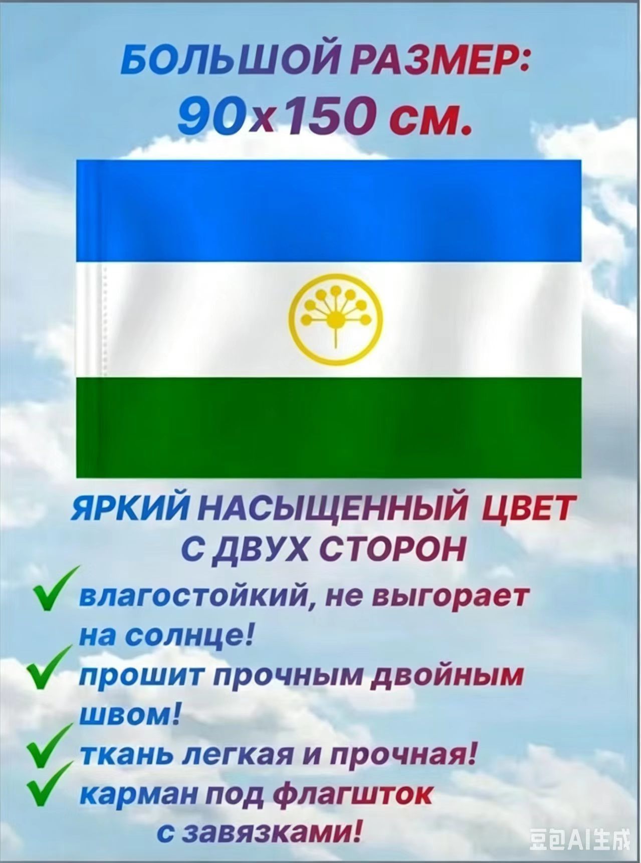Флаг Республики Башкортостан, большой размер 90х150 см, для флагштока