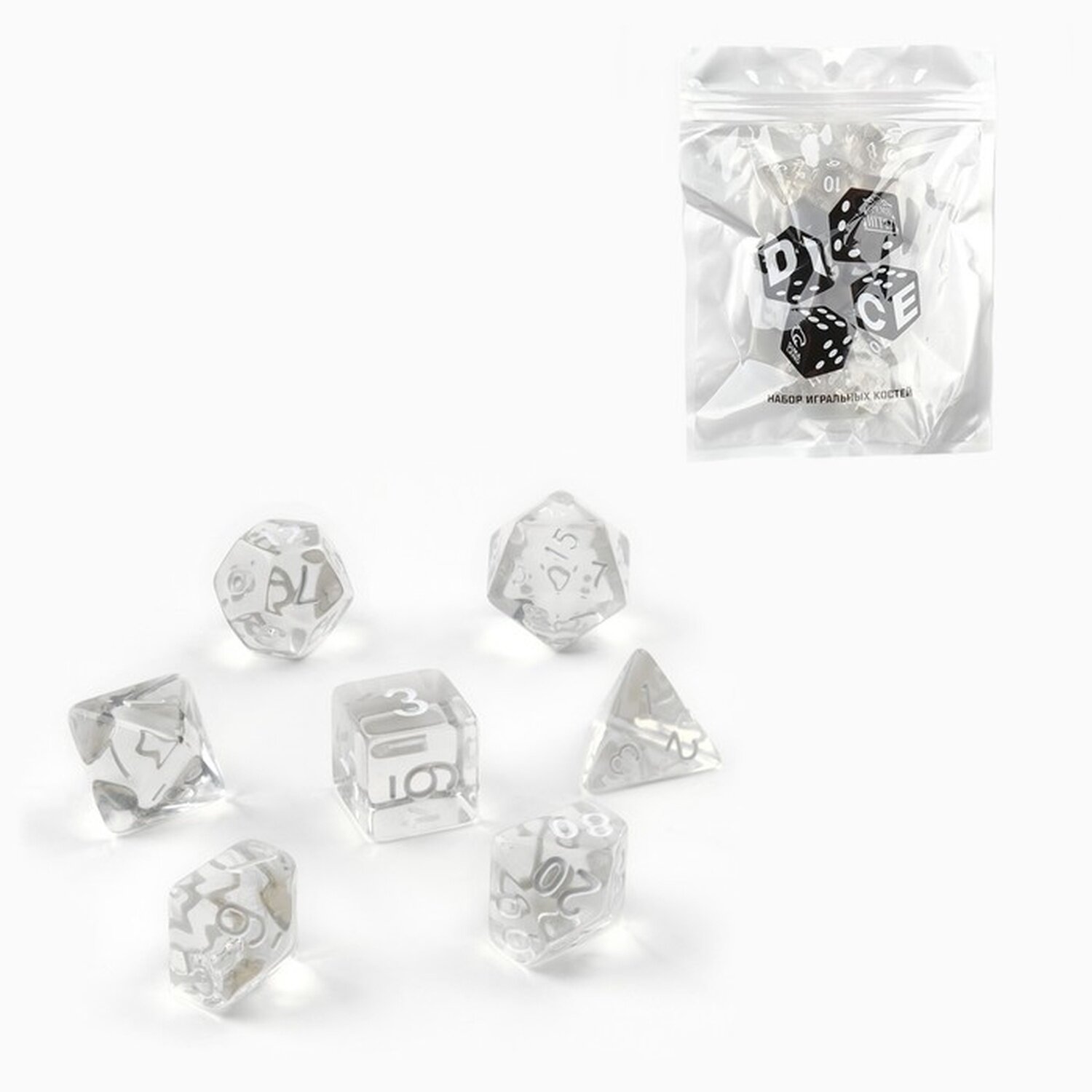 Кубики - дайсы для ДнД Время игры, акрил, набор 7 шт, прозрачный