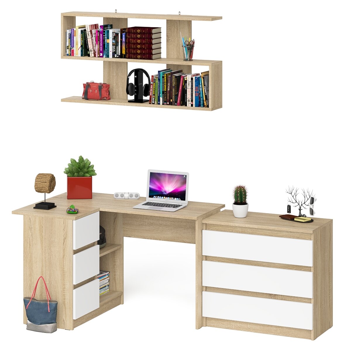 Комод на три ящика с компьютерным столом для работы Мори МС-16 левый и полкой, сонома/белый, 204,8х84,9х209,6 см.