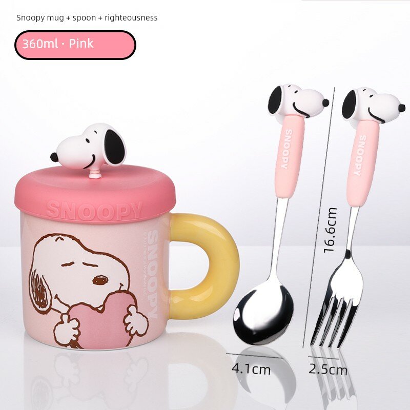 Керамическая кружка Snoopy с крышкой, 360 мл, розовый цвет, в комплекте розовая ложка и вилка