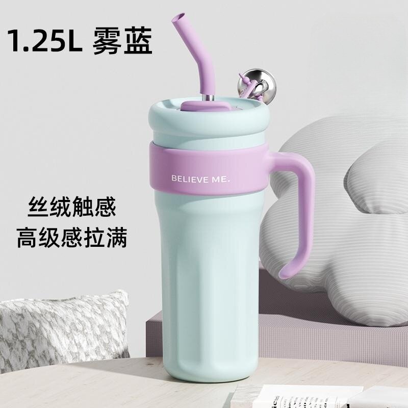 Однотонная термокружка в американском стиле из нержавеющей стали 316, большая емкость, для дома и офиса, с ручкой и соломинкой для автомобиля.