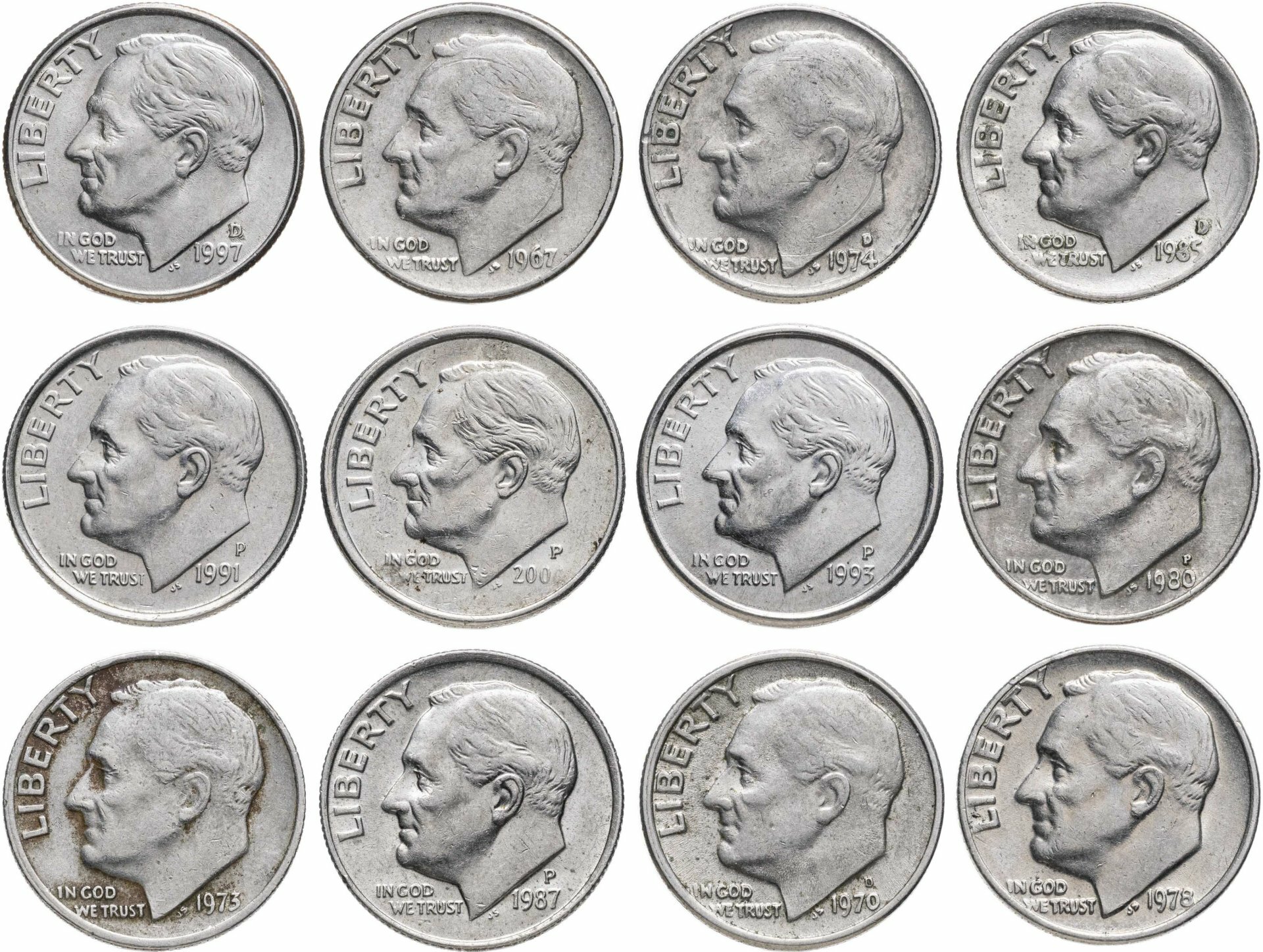 США набор из 12 монет 10 центов дайм, one dime 1967-2000, Медь, в сохранности VF-AU