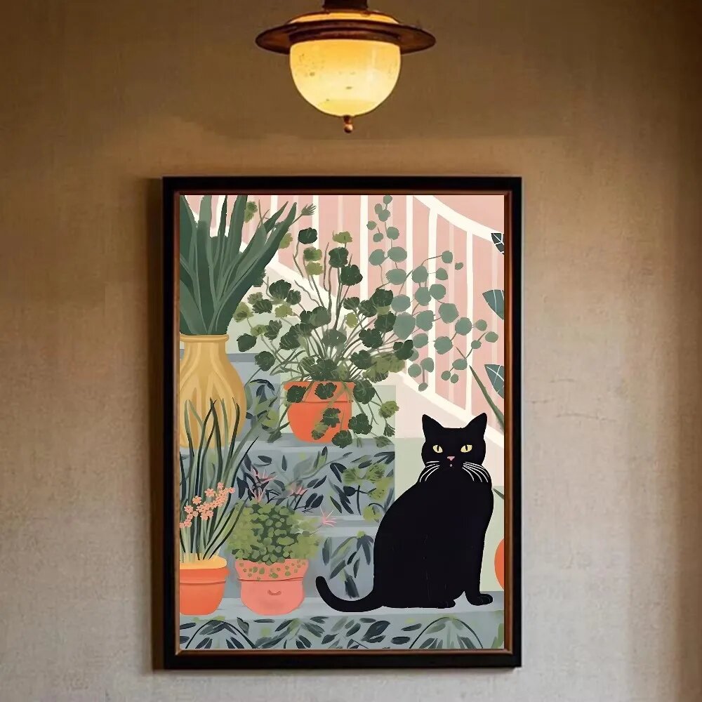 Абстрактный принт на холсте "Черная кошка, читающая газеты на Черный, WO1769-9, 20X30cm Unframed